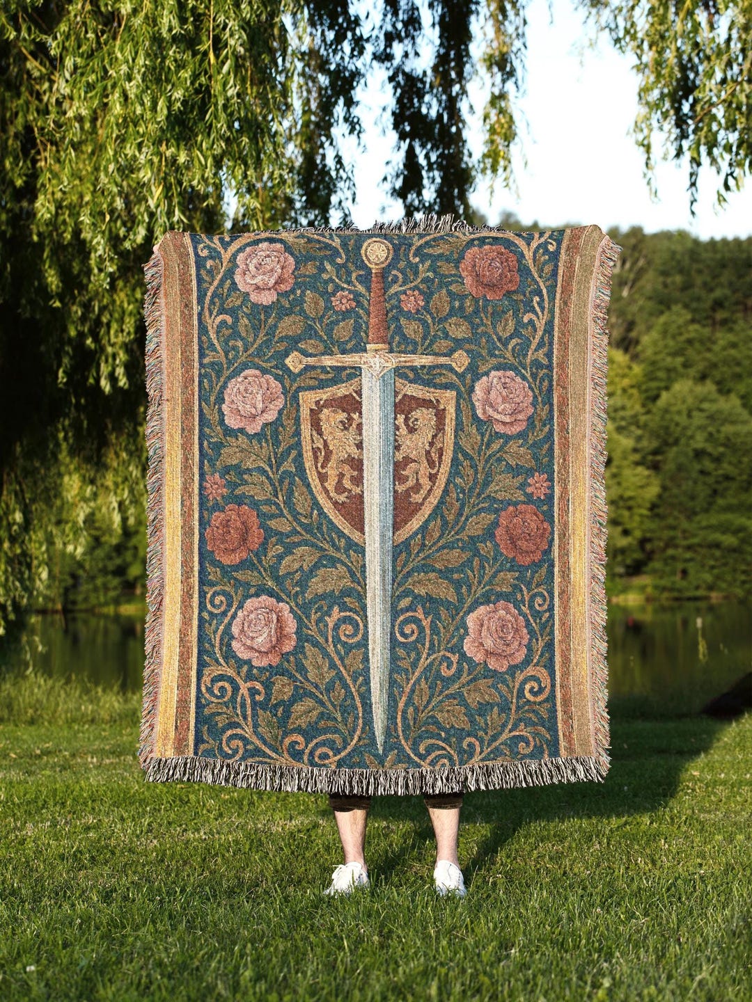 Medieval Sword and Shield Woven Tapestry Blanket – Heraldic Gothic ...