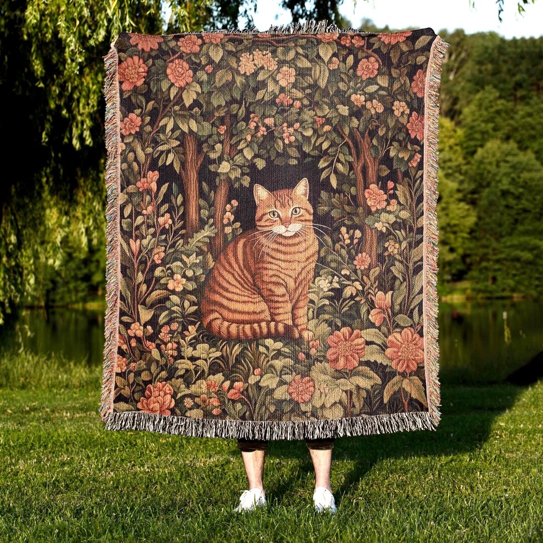 Woven Tabby Cat Tapestry Blanket, Cottagecore Floral Wall Hanging, 100% ...