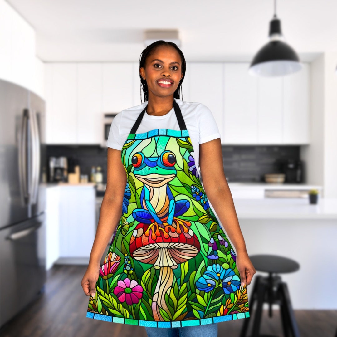 Frog Faux Stained Glass Apron, Cottagecore Frog Print, Stained Glass ...