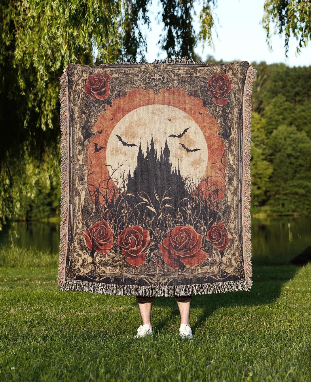 Vampire Castle Woven Blanket - Gothic Blood Moon Tapestry Throw - Etsy