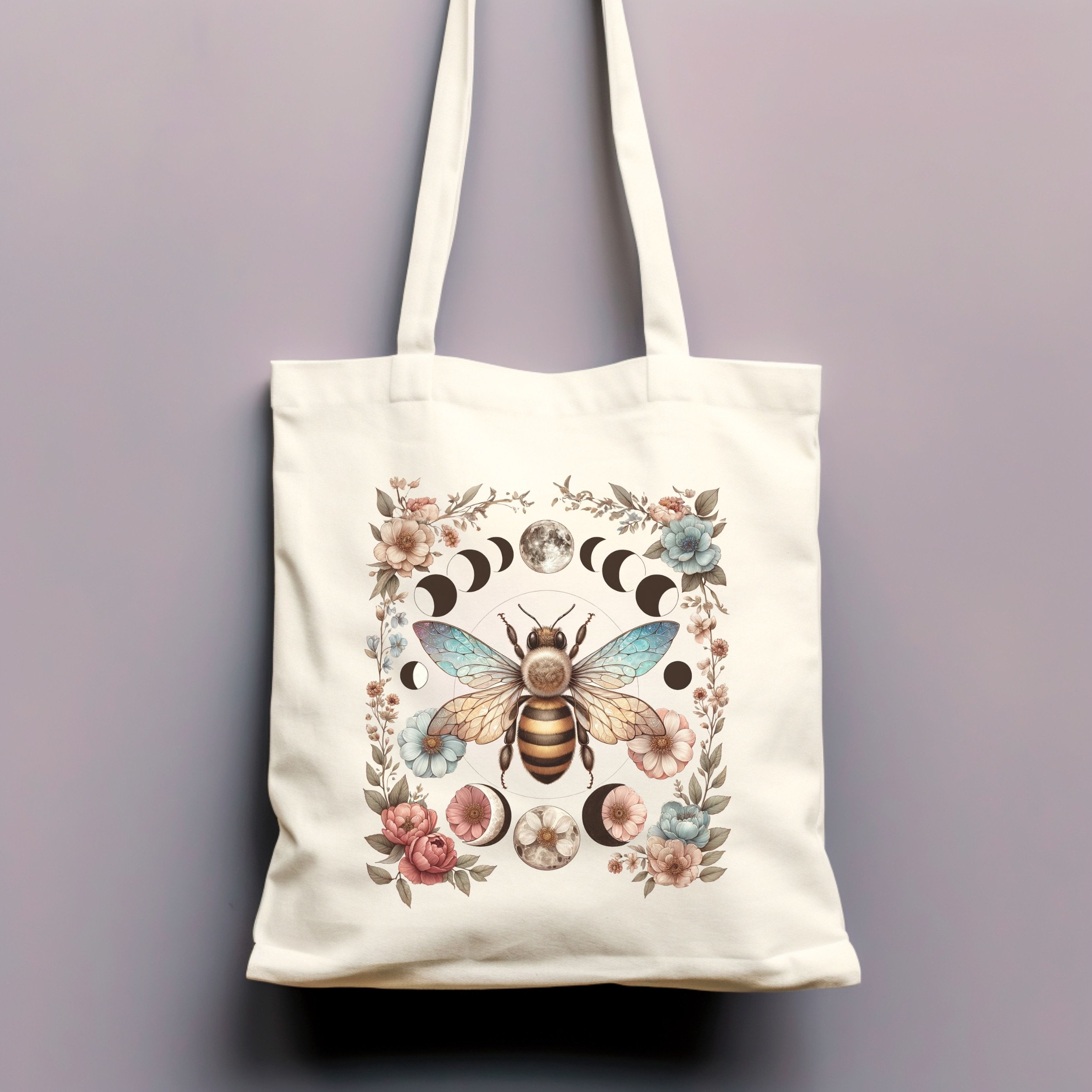 Cottagecore Bee Tote Bag, Floral Moon Phases Tote, Honeybee Tote ...