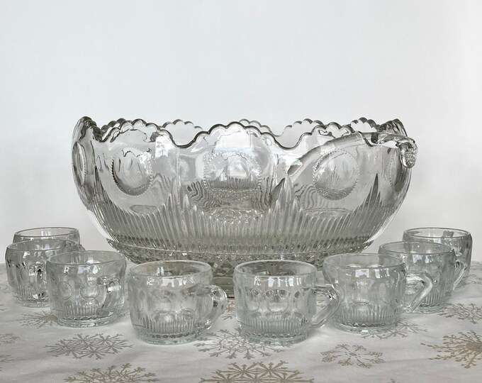Vintage EAPG "bullseye" Pattern Pressed Glass Punch Bowl With 8 Cups by ...