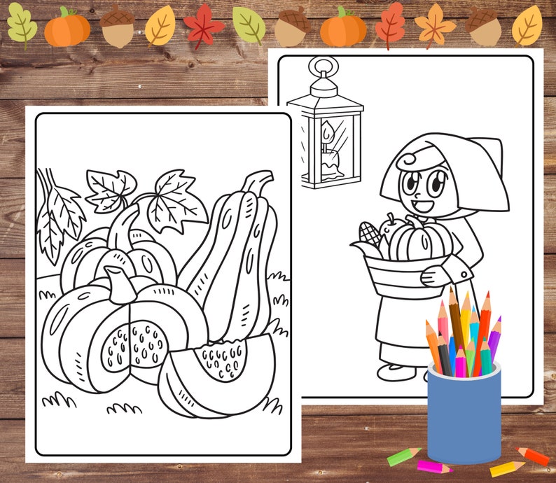Fall Thanksgiving Coloring Book, Autumn 20 Coloring Pages for Kids ...