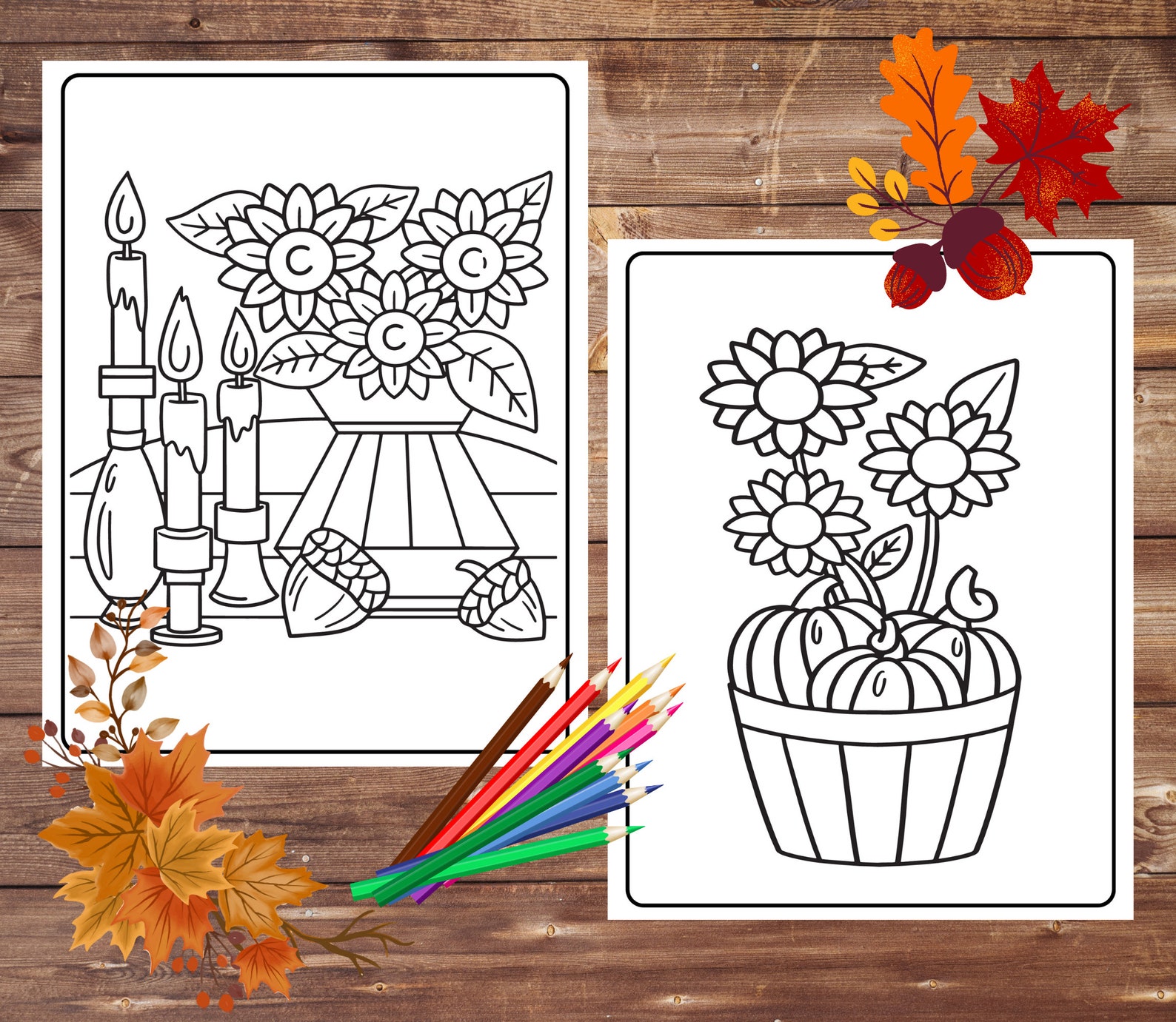 Fall Thanksgiving Coloring Book, Autumn 20 Coloring Pages for Kids ...