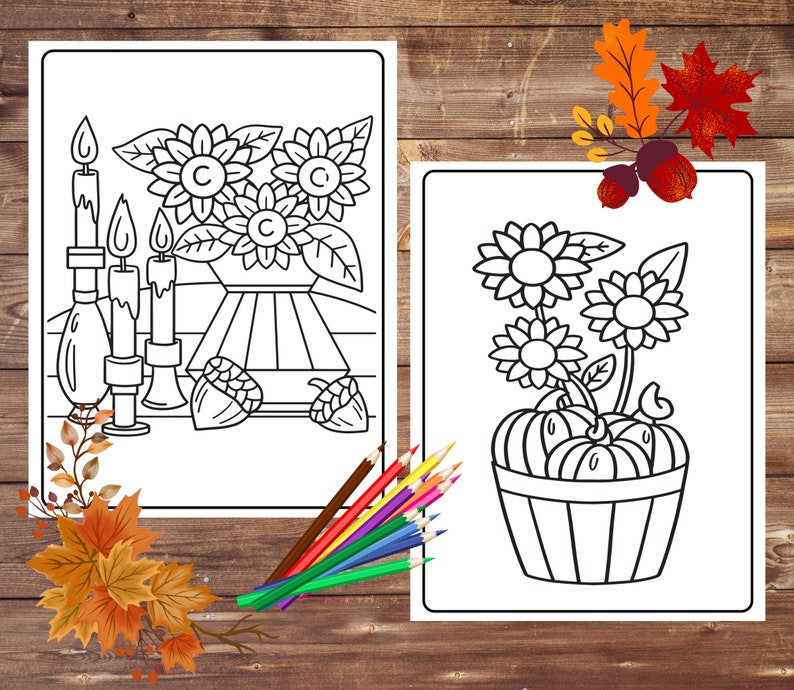 Fall Thanksgiving Coloring Book, Autumn 20 Coloring Pages for Kids ...