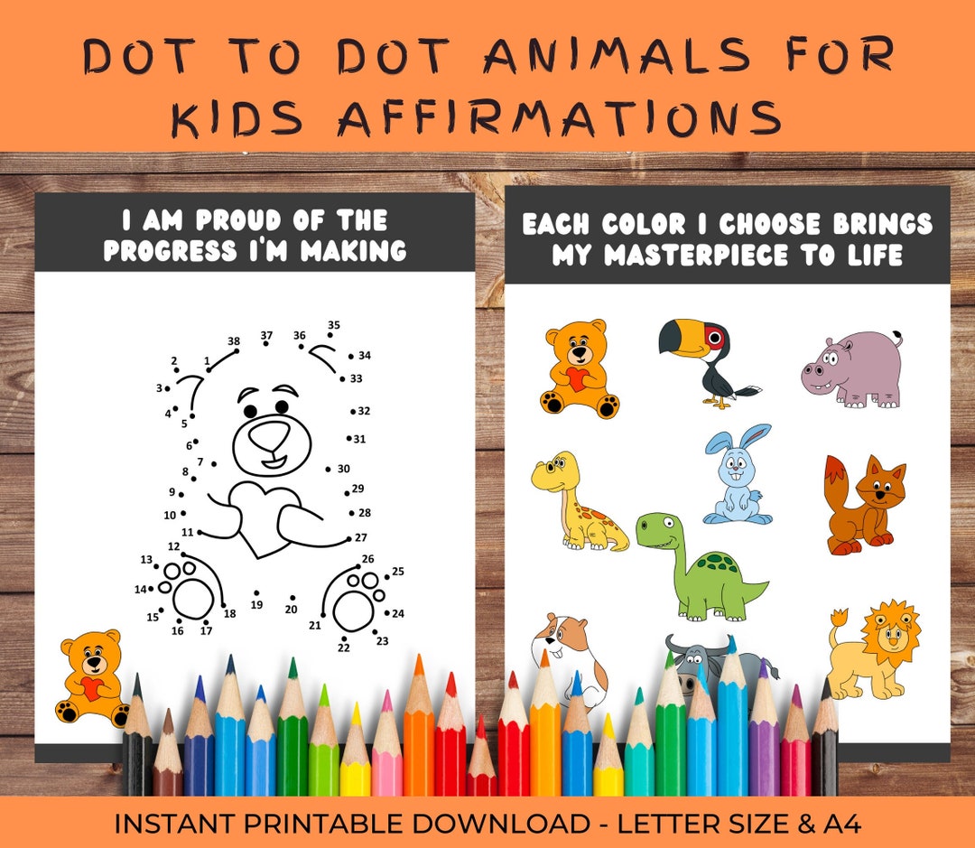 Dot to Dot Animal Coloring Pages With Affirmations, Kids Activity Book ...