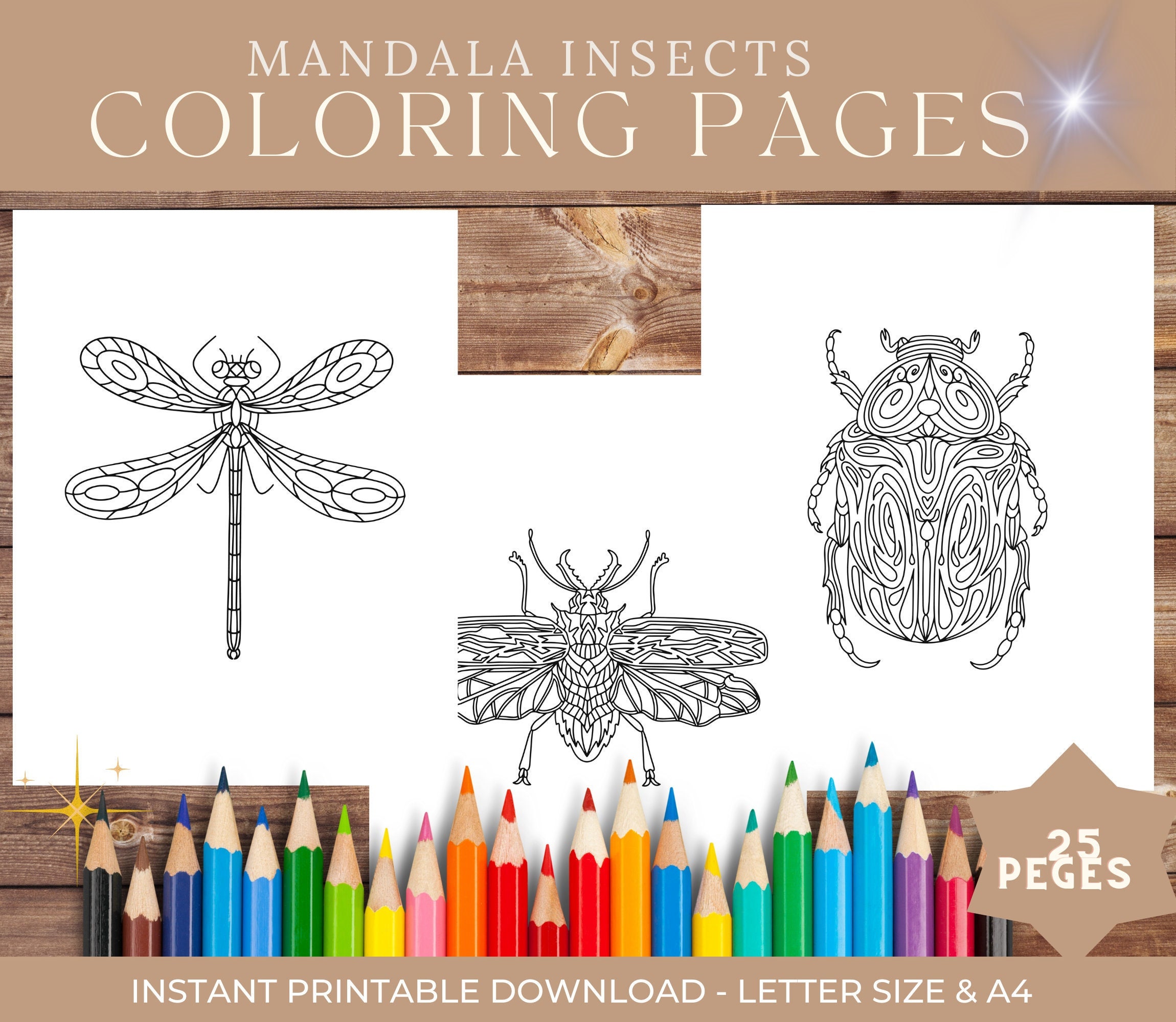 Mandala Insects Coloring Pages Adults & Teens, Instant Download, Simple ...