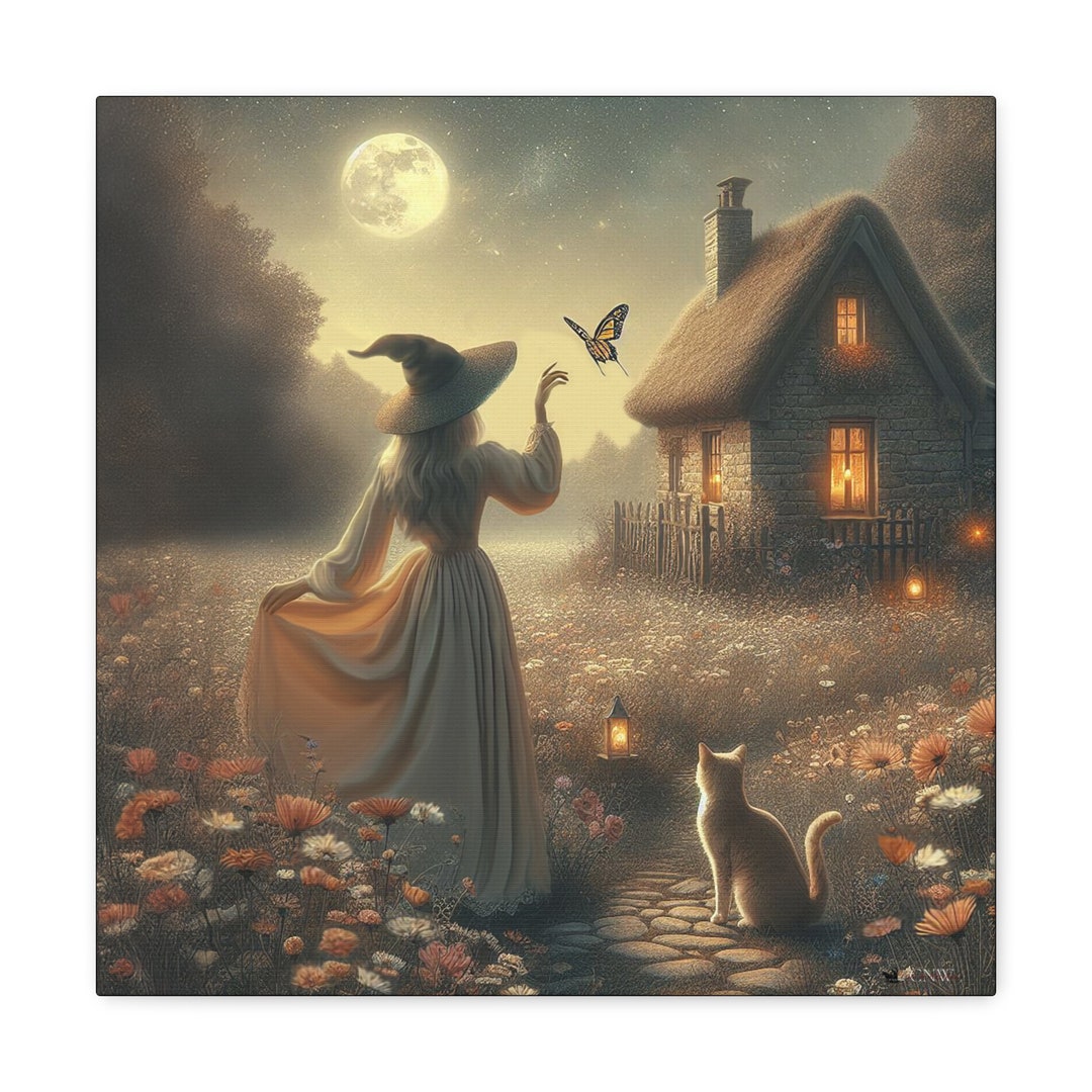 Cottagecore Meadow Witch and Cat Wall Art With Wildflowers and Rustic Cottage Home Decor Gifts ...