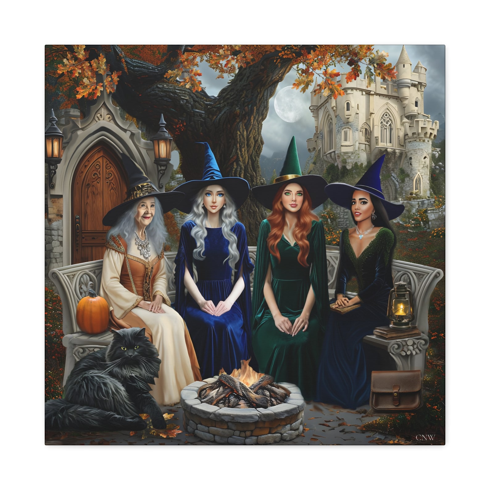 Three Witches Meeting With Elder Witch Black Cat Castle Full Moon ...