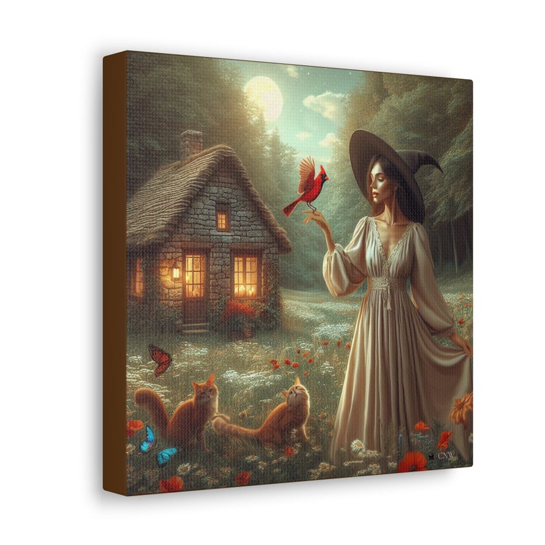 Cottagecore Meadow Witch and Cat Wall Art With Wildflowers Red Bird and Rustic Cottage Home ...