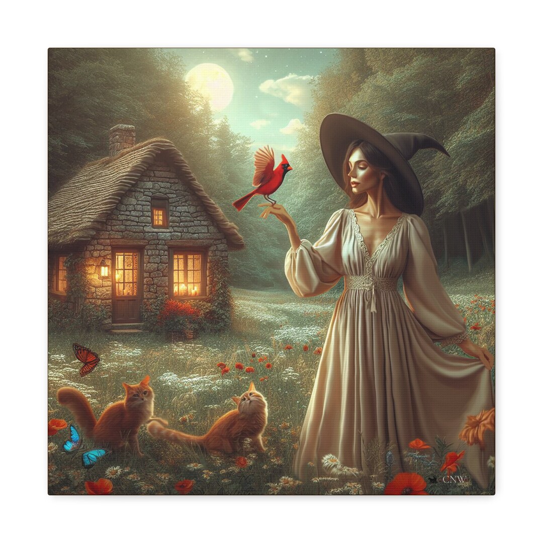 Cottagecore Meadow Witch and Cat Wall Art With Wildflowers Red Bird and Rustic Cottage Home ...