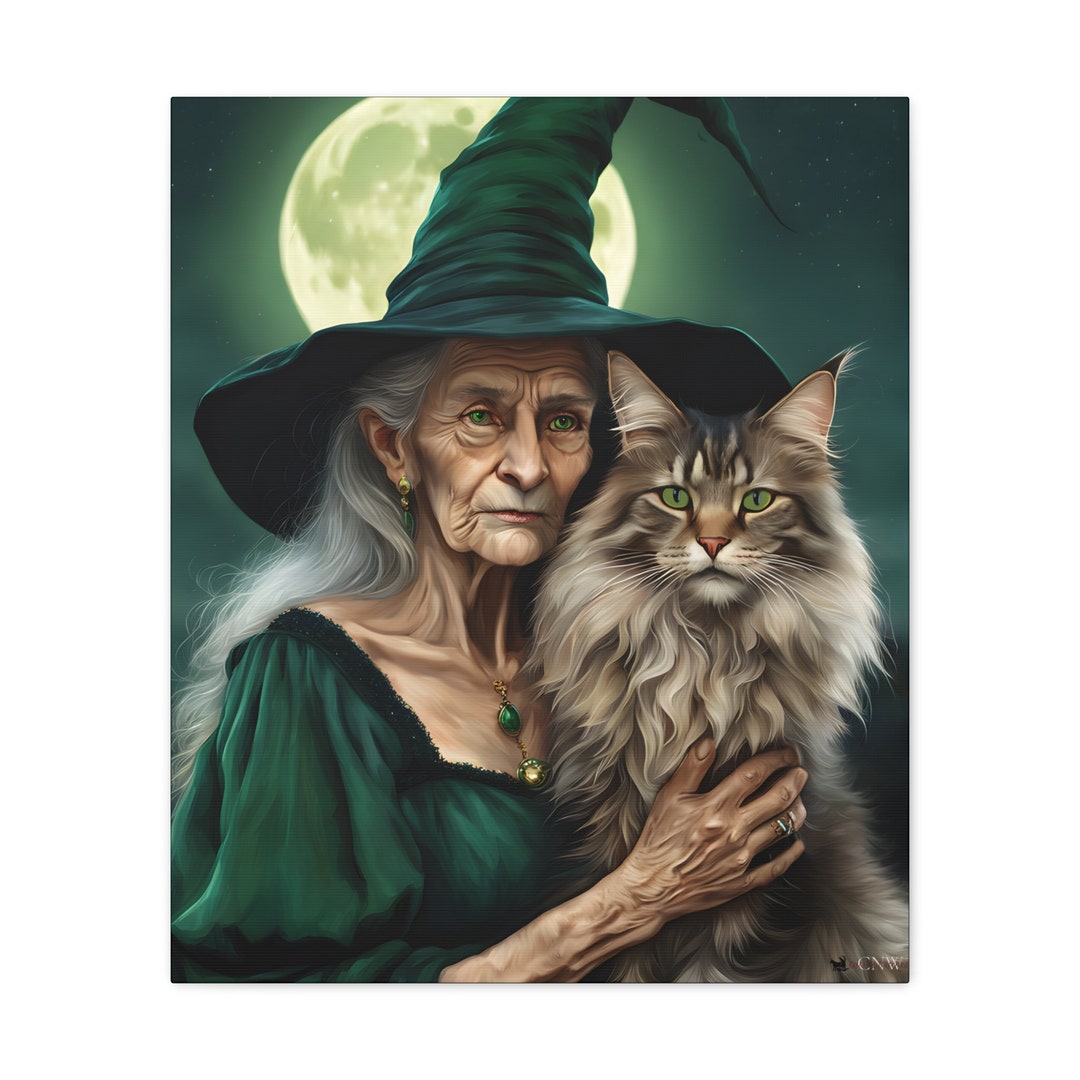 Portrait of Green Witch and Maine Coon Cat Magical Home Decor Gift ...