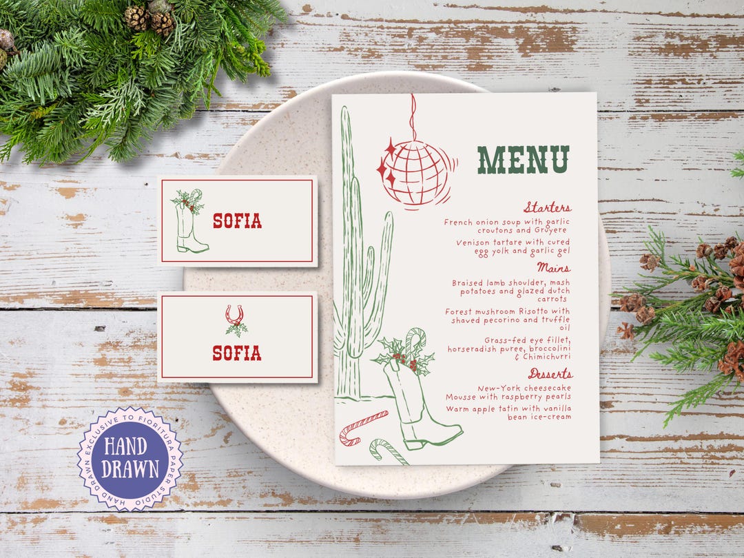 Holiday Hoedown Editable Menu & Place Card Templates | Fun Hand-drawn ...