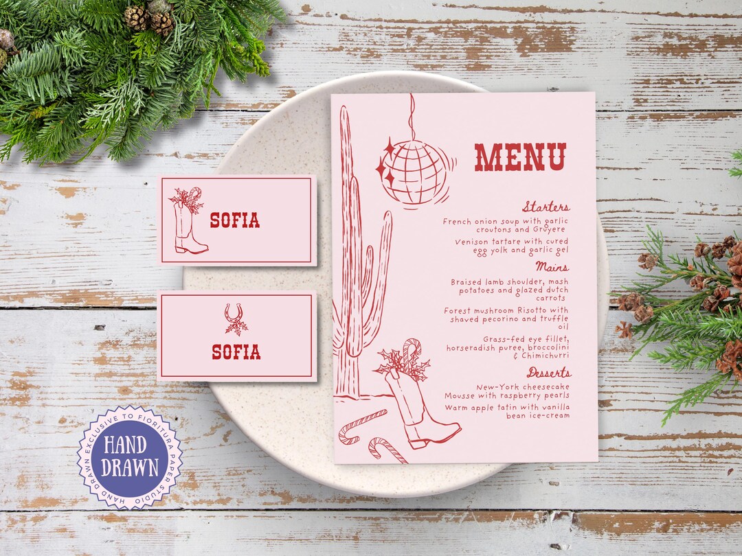 Christmas Holiday Hoedown Dinner Party Template, Editable Menu & Place ...