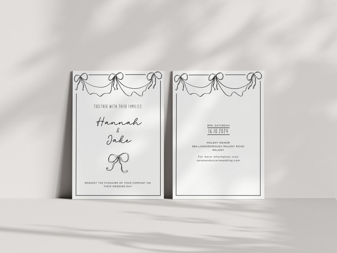 Hand-drawn Bows Wedding Invitation | Editable Canva Template | Black ...