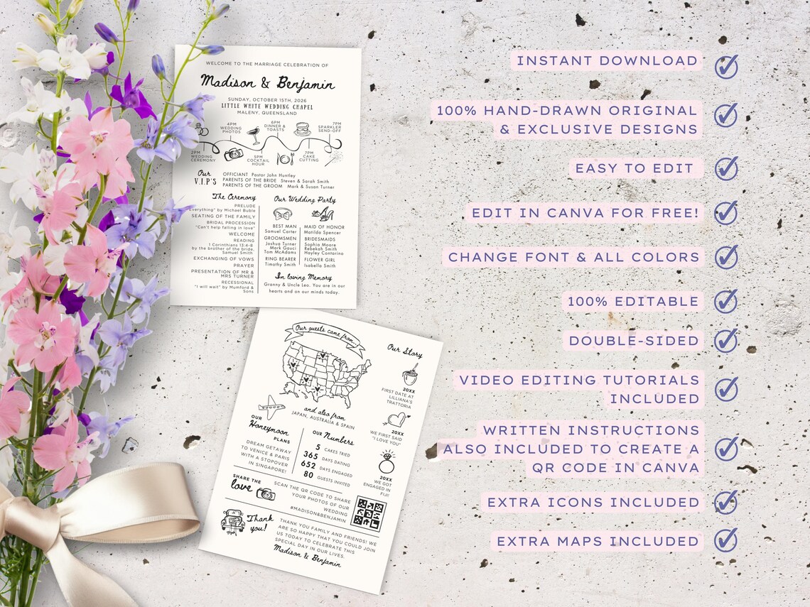 Fun Fact Wedding Program & Infographic Card With Map | 5x7 Black White ...