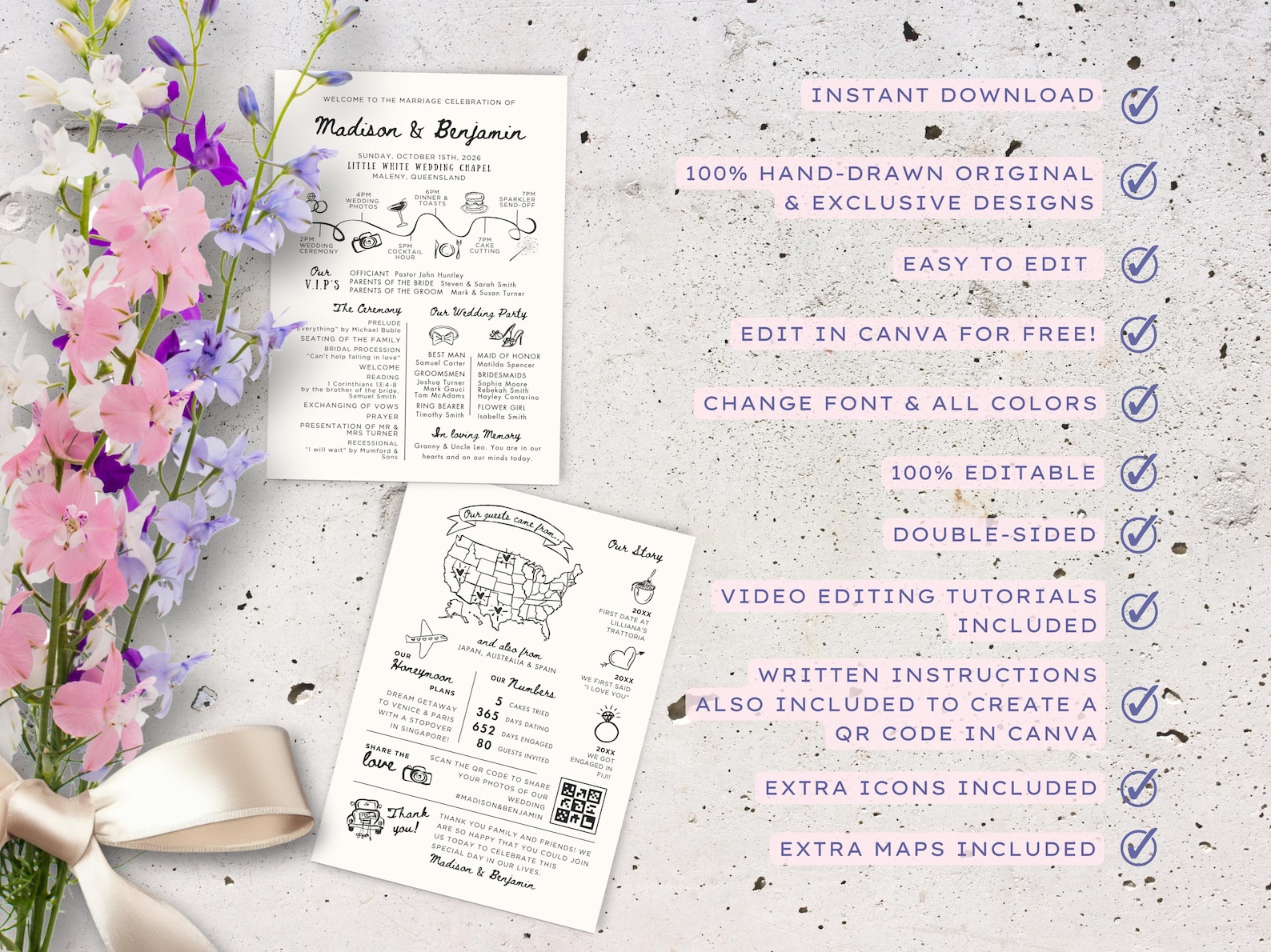Fun Fact Wedding Program & Infographic Card With Map | 5x7 Black White ...