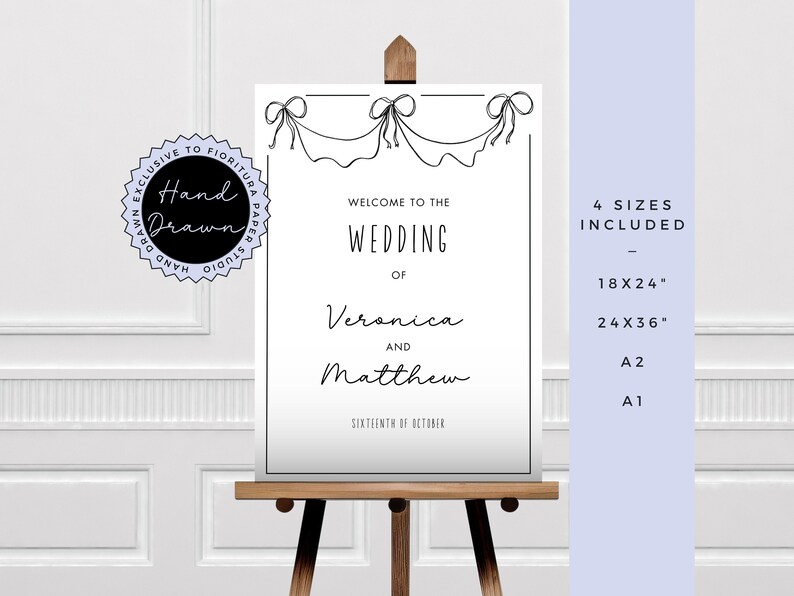 Hand-drawn Bows Bunting Border Wedding Welcome Sign Template | Elegant ...