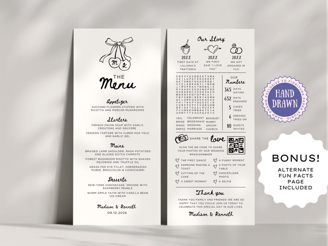 Fun Fact Wedding Menu Template & Infographic Card | Elegant Hand-drawn ...