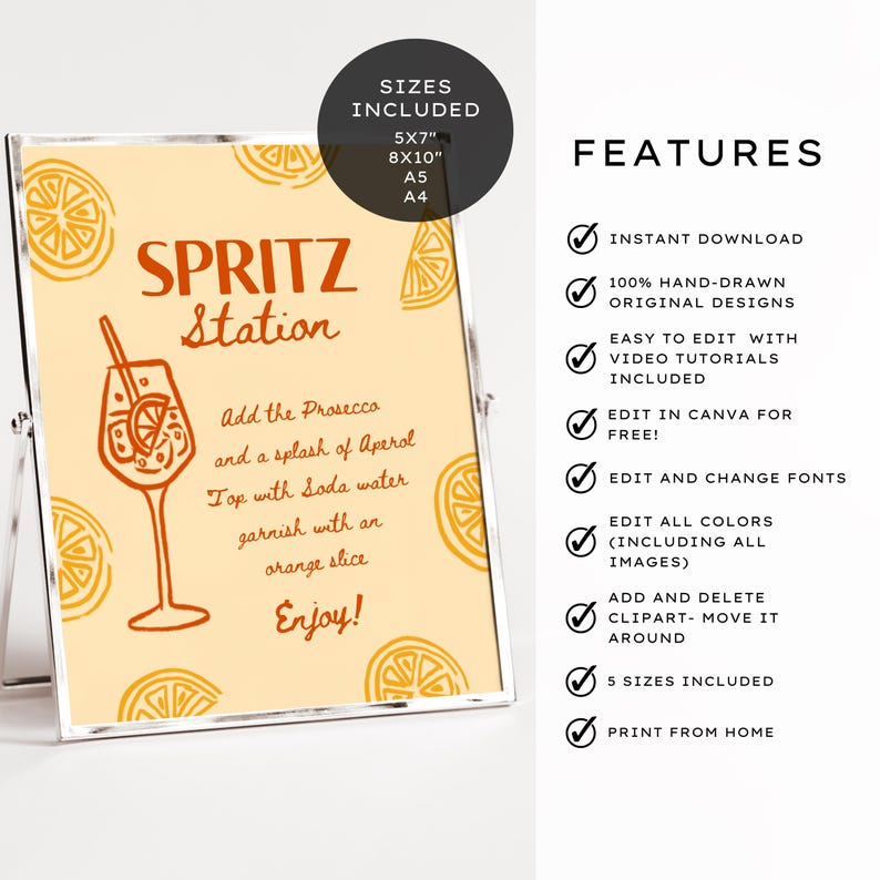 Spritz Station Sign Template | Love at First Spritz Canva Bar Menu ...