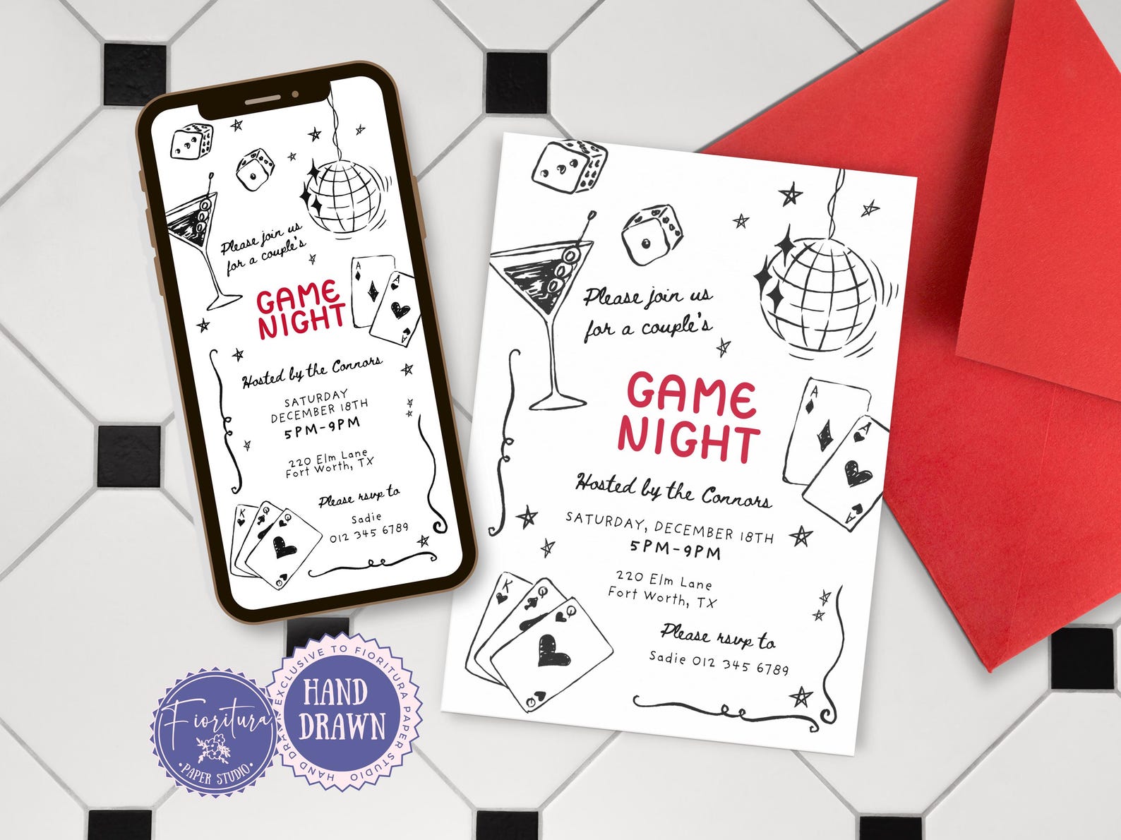 Couple Games Night Party Invite Template, Black Red Fun Whimsical Hand ...