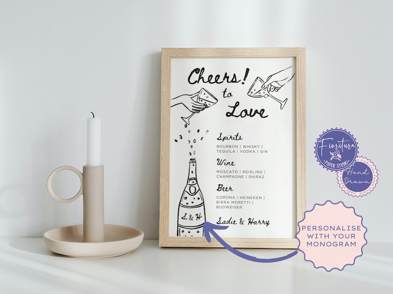 Hand-drawn Wedding Bar Menu Sign Template, Cheers to Love, Editable ...