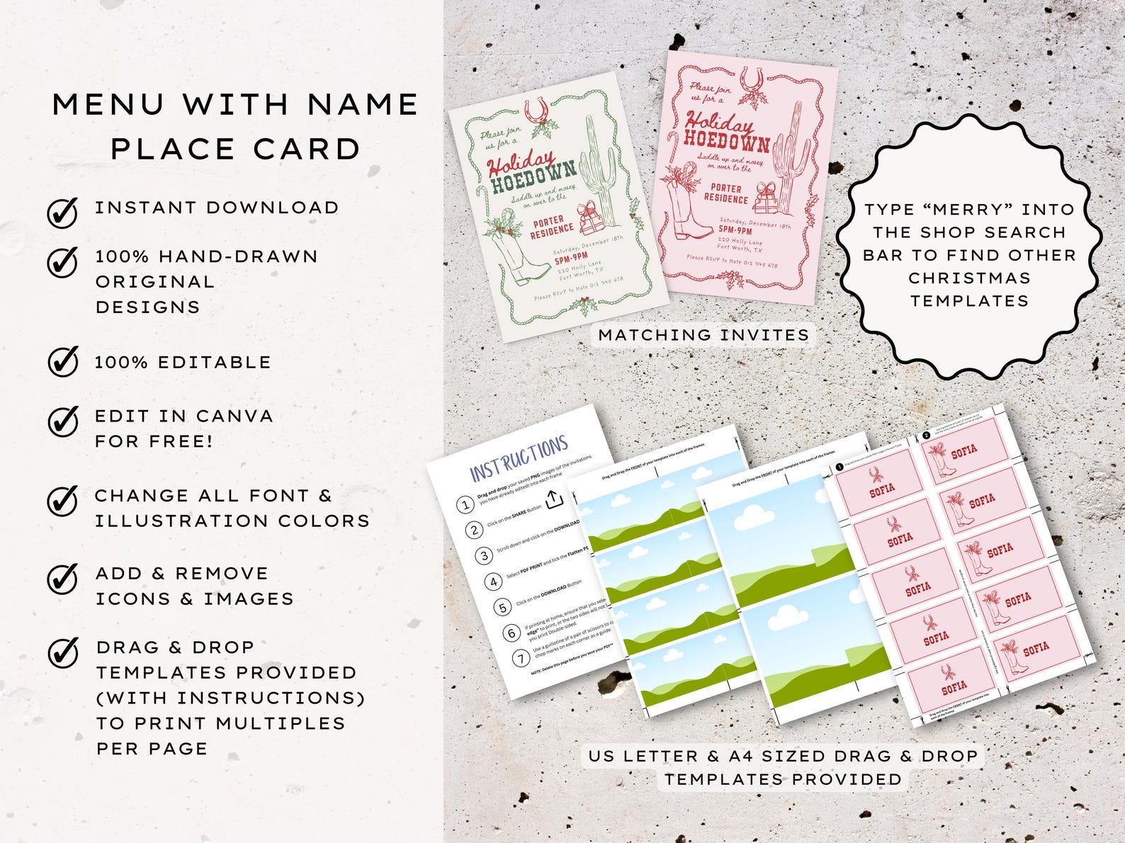 Christmas Holiday Hoedown Dinner Party Template, Editable Menu & Place ...
