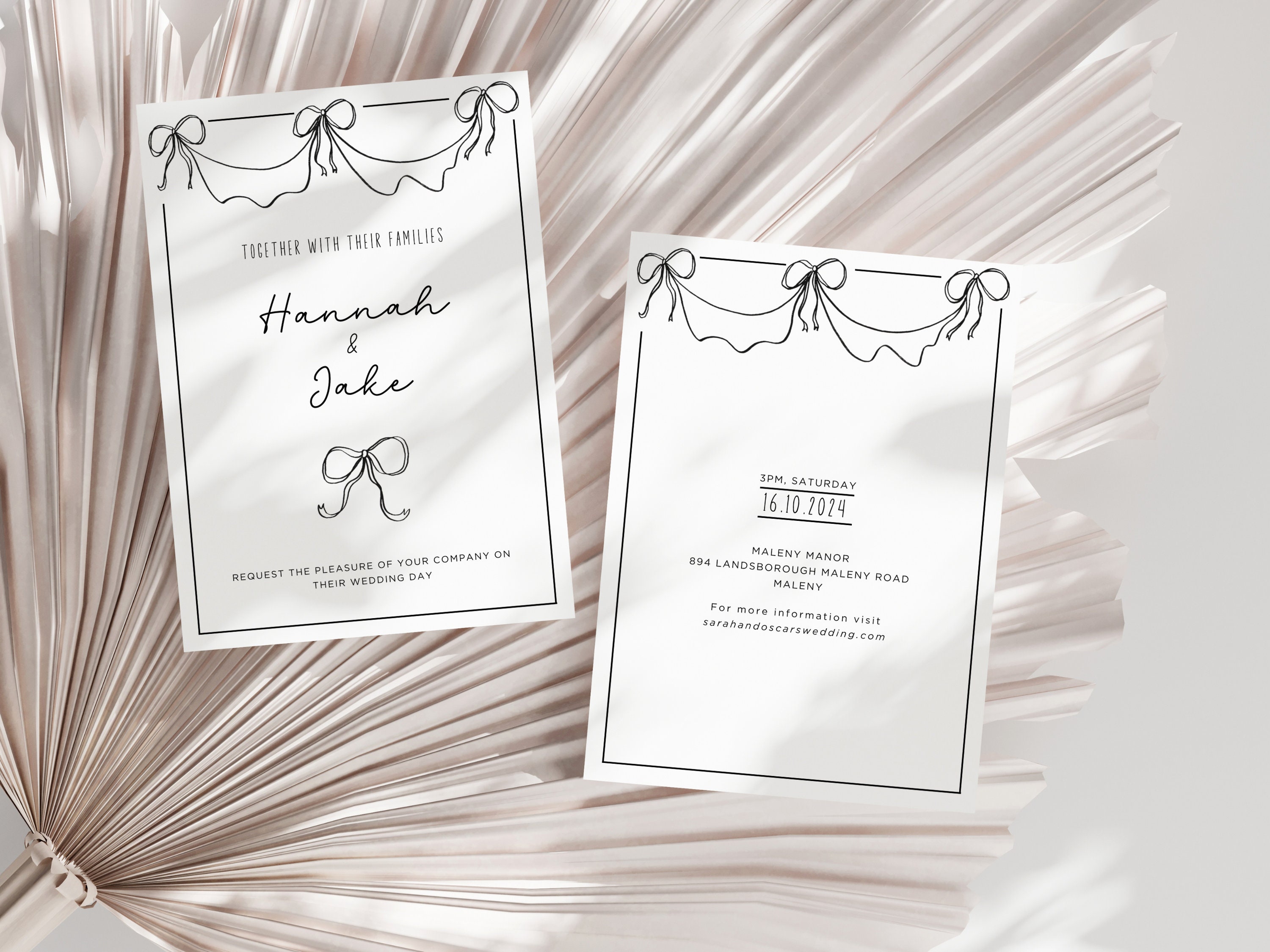 Hand-drawn Bows Wedding Invitation Suite Editable Canva Template Black ...