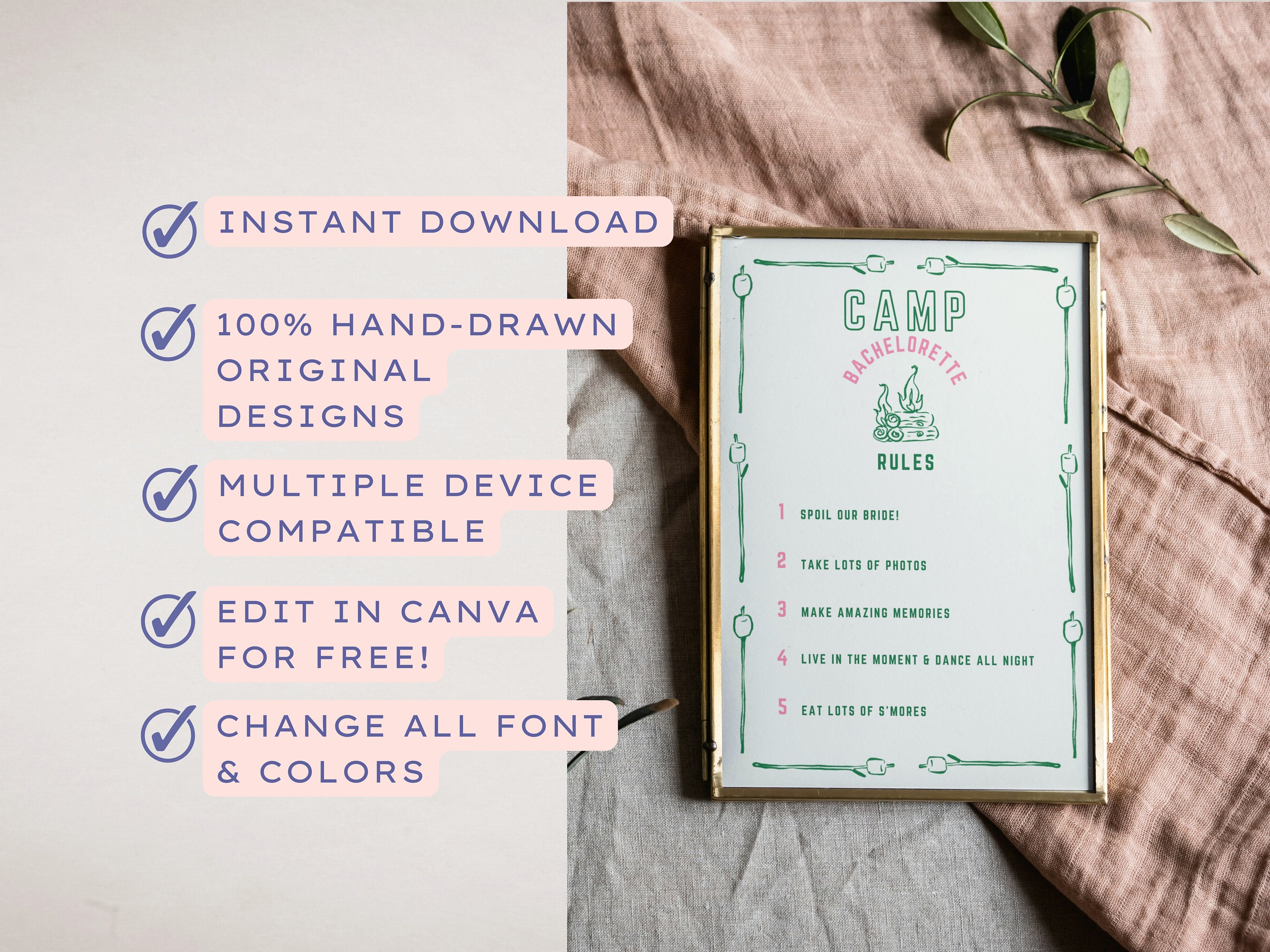 Bachelorette Camp Rules Canva Template, Girls Weekend Decor, Fun Hand ...