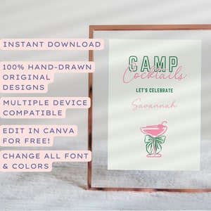 Camp Cocktails Sign for Bachelorette & Bridal Shower, Editable Canva ...