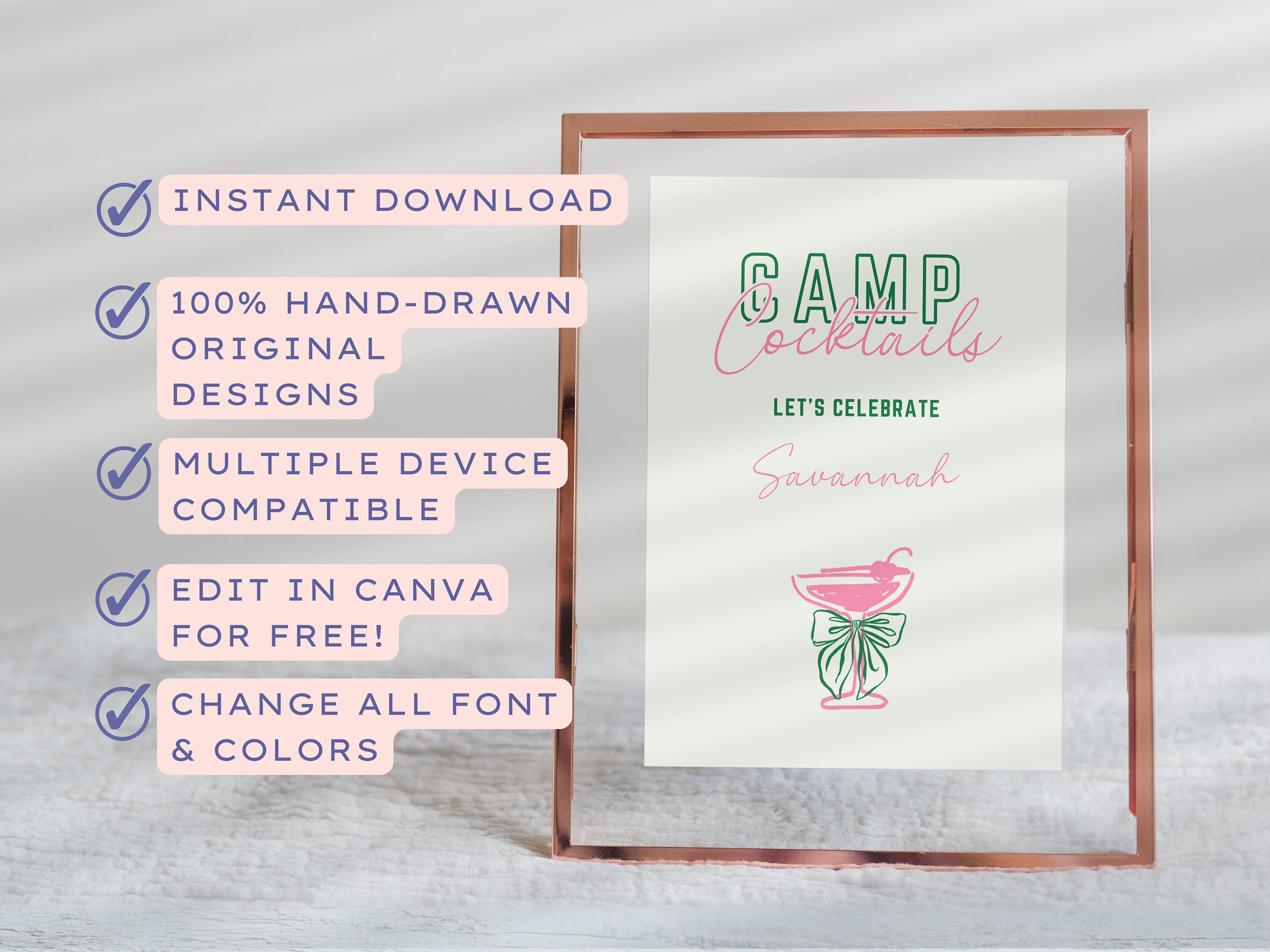 Camp Cocktails Sign for Bachelorette & Bridal Shower, Editable Canva ...