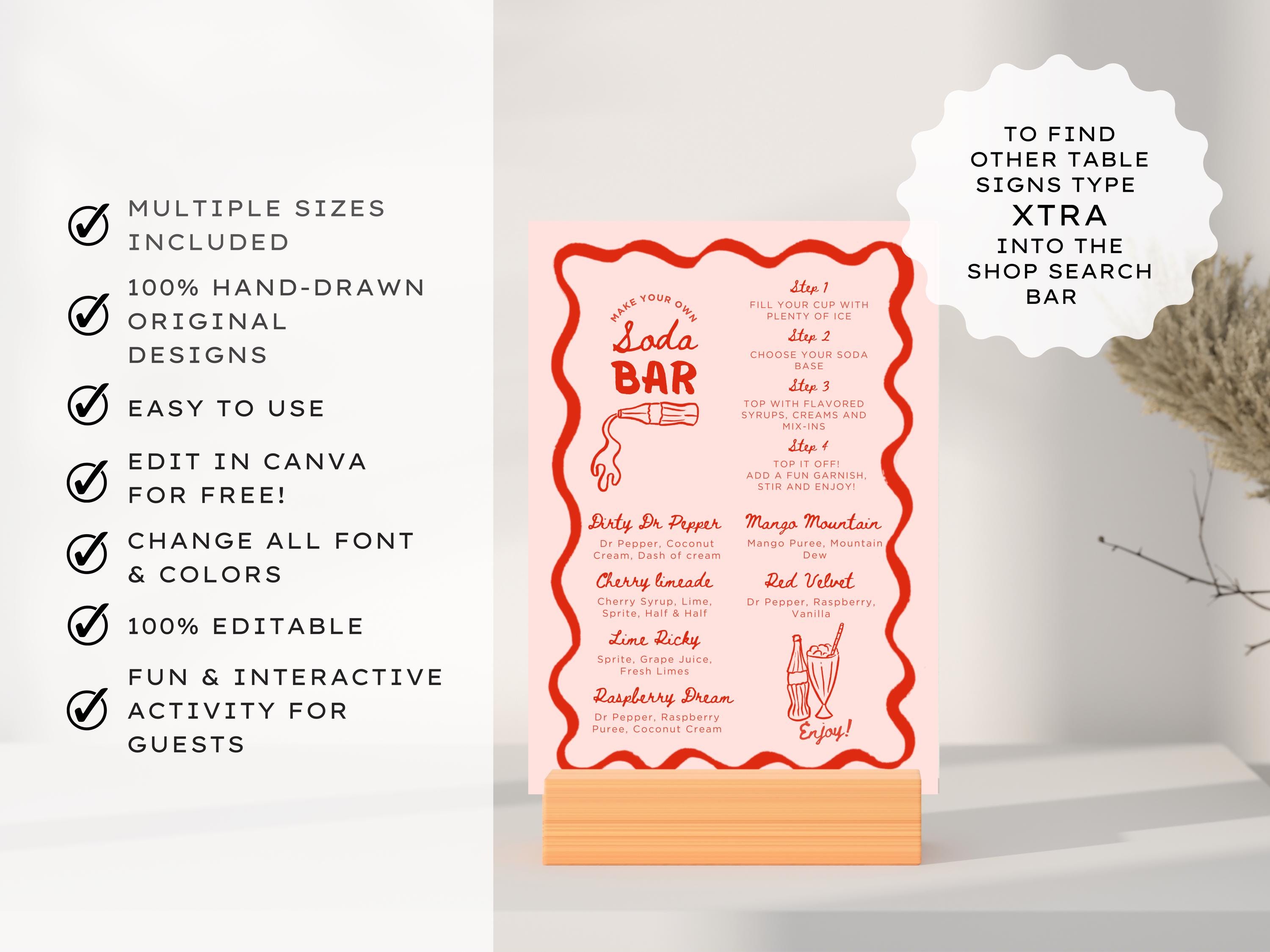 Soda Bar Sign Template Instructions & Recipes, Fun Modern Customisable ...