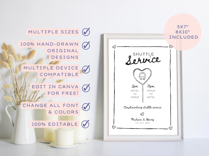 Wedding Shuttle Service Sign Template, Cute & Quirky Hand-drawn ...