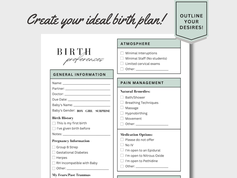 Birth Plan Template Editable, Birth Preferences, Printable Birth Plan ...