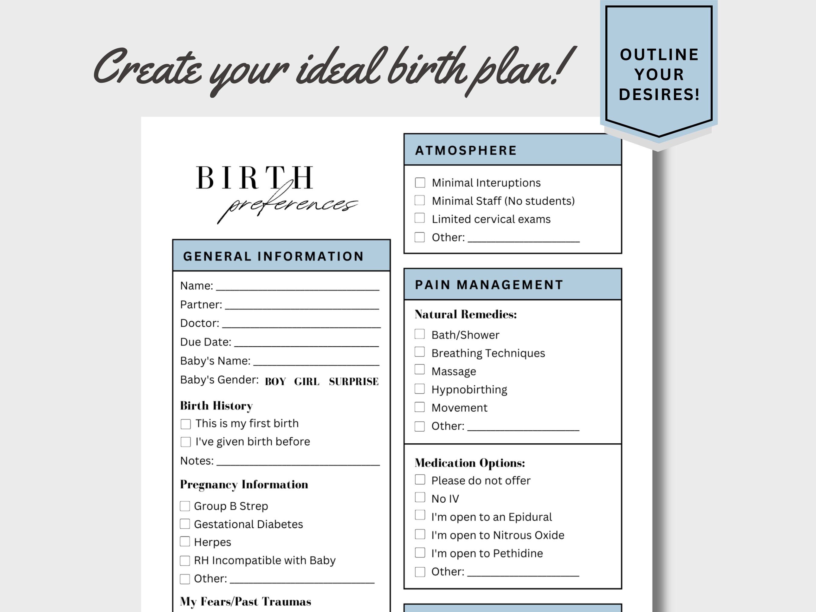 Printable Birthing Plan, Visual Birth Planner, Natural Birth Plan ...
