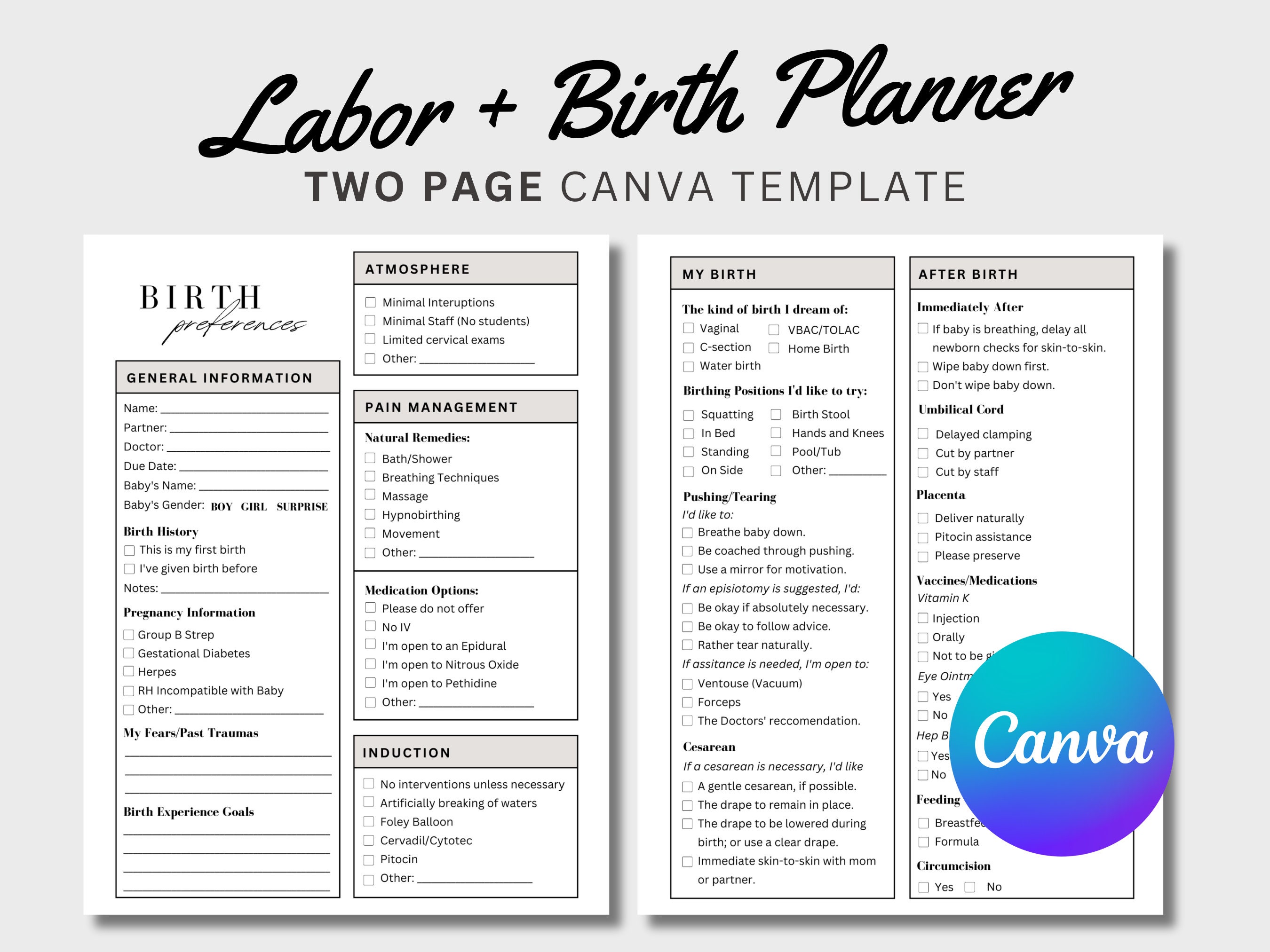 Editable Birth Plan, Birth Plan Template, Birth Preferences, Printable ...