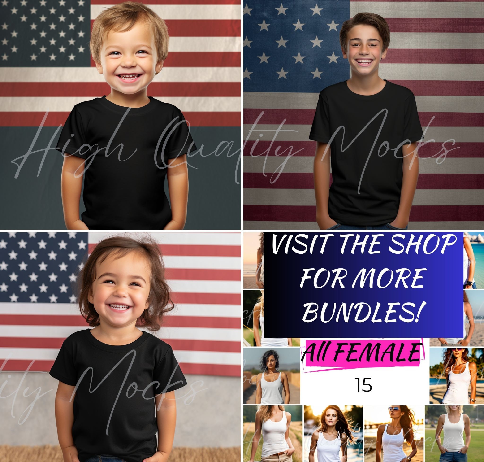 4th of July Kids Shirt Mockups, Kids Tshirt Mockup Bundle, American ...