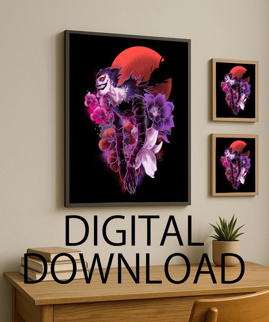 Dark Fantasy Shinigami Art Print – Red Moon Illustration, Floral Gothic ...