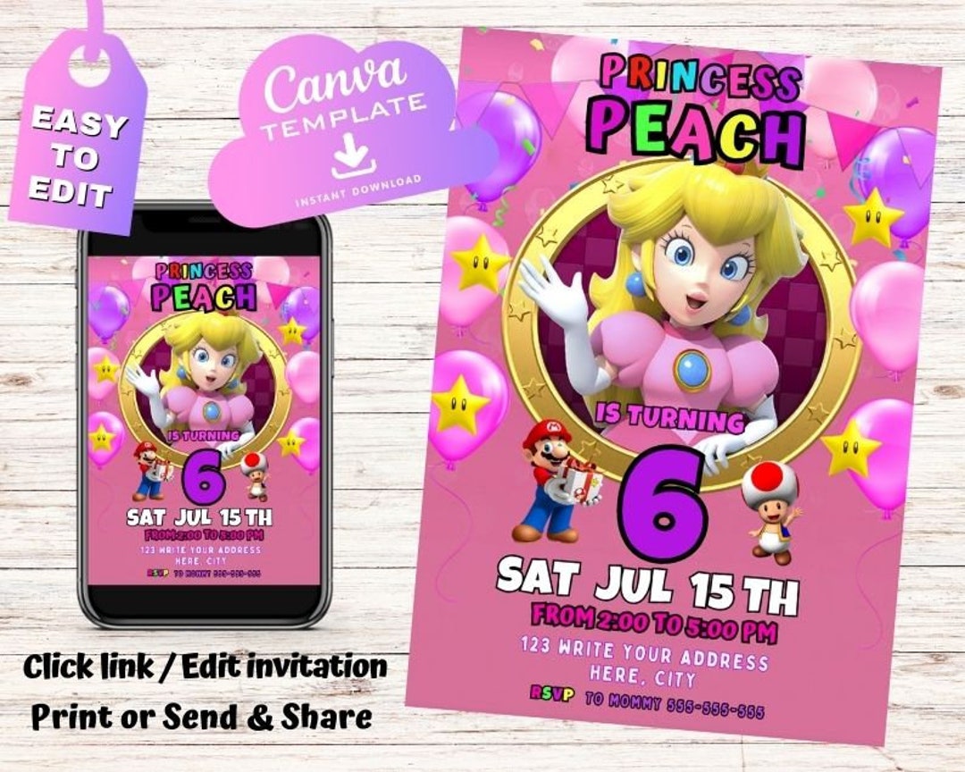 Invitación de cumpleaños de la princesa Peach / Invitación de Mario ...