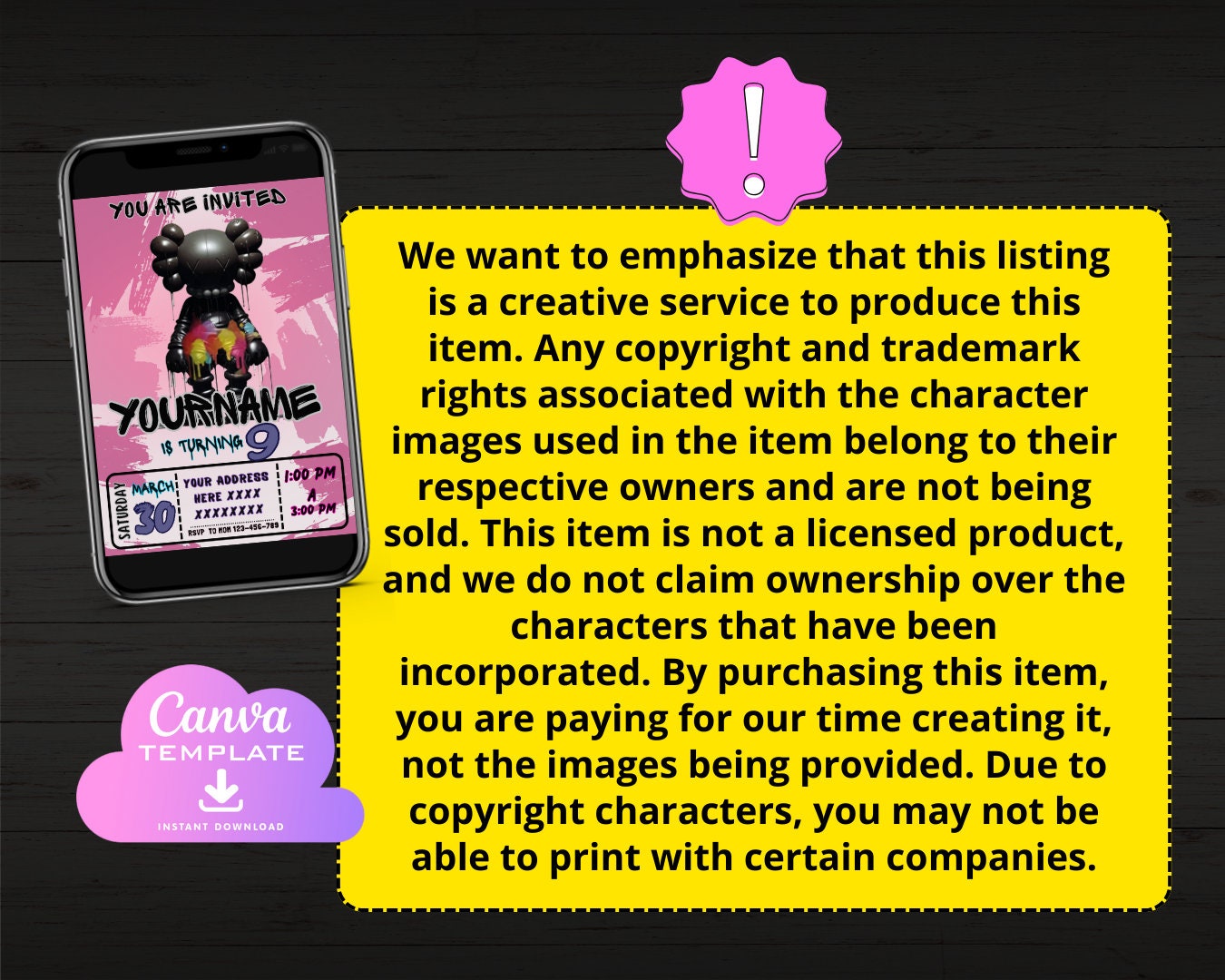 Kaws Birthday Invitation | Kids Birthday Invite | Canva Digital Printed ...