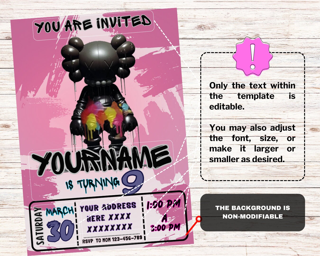 Kaws Birthday Invitation Kids Birthday Invite Canva Digital Printed ...