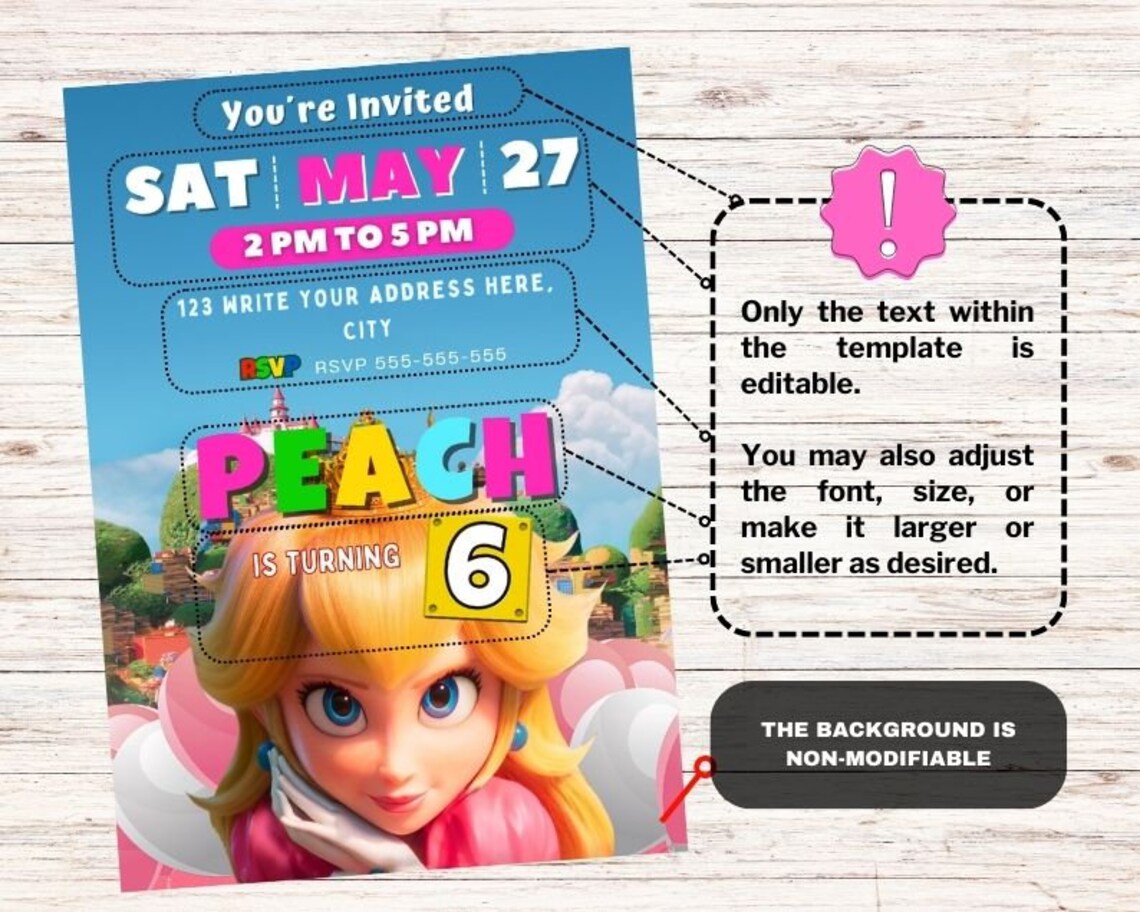 Princess Peach Birthday Invitation Mario Bros Invitation - Etsy
