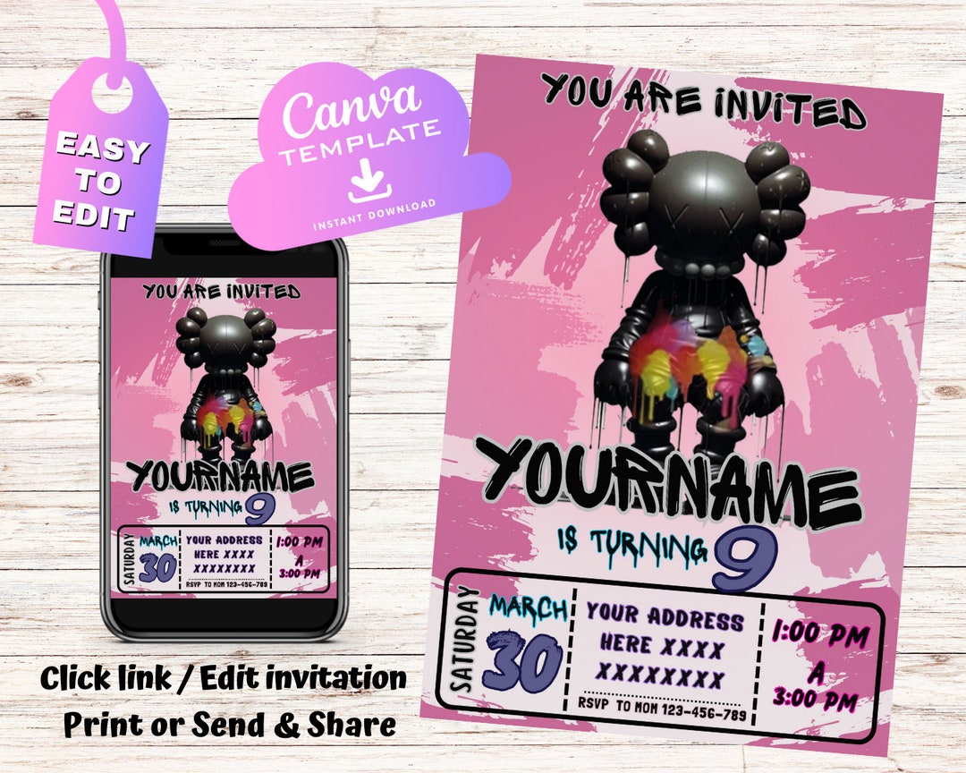 Kaws Birthday Invitation | Kids Birthday Invite | Canva Digital Printed ...