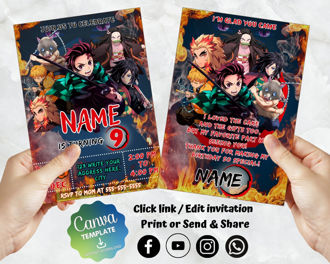 Demon Slayer Birthday Invitation | Kids Birthday Invite | Canva Digital ...