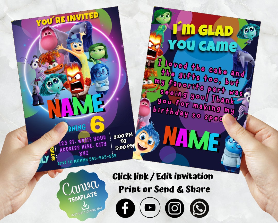 Inside Out Birthday Invitation | Kids Birthday Invite | Canva Digital ...