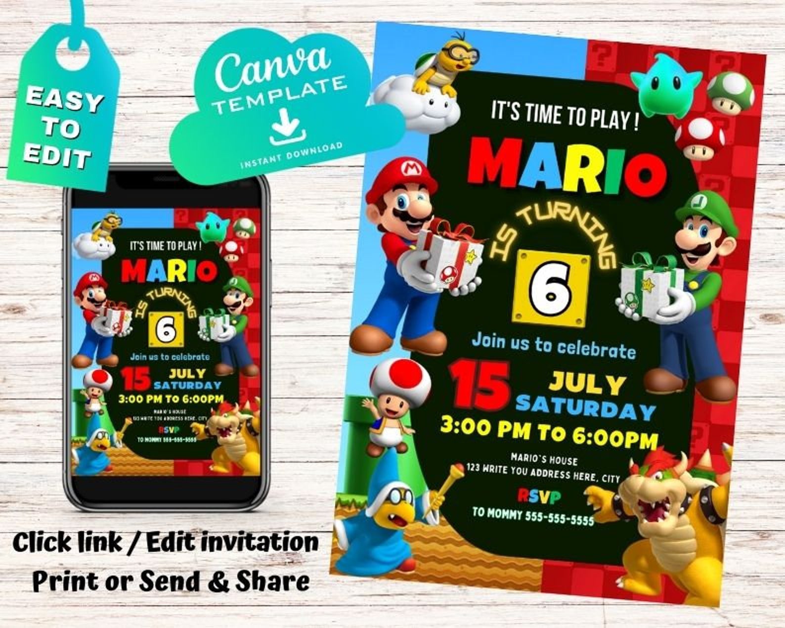 Super Mario Birthday Invitation | Kids Birthday Invite | Canva Digital ...