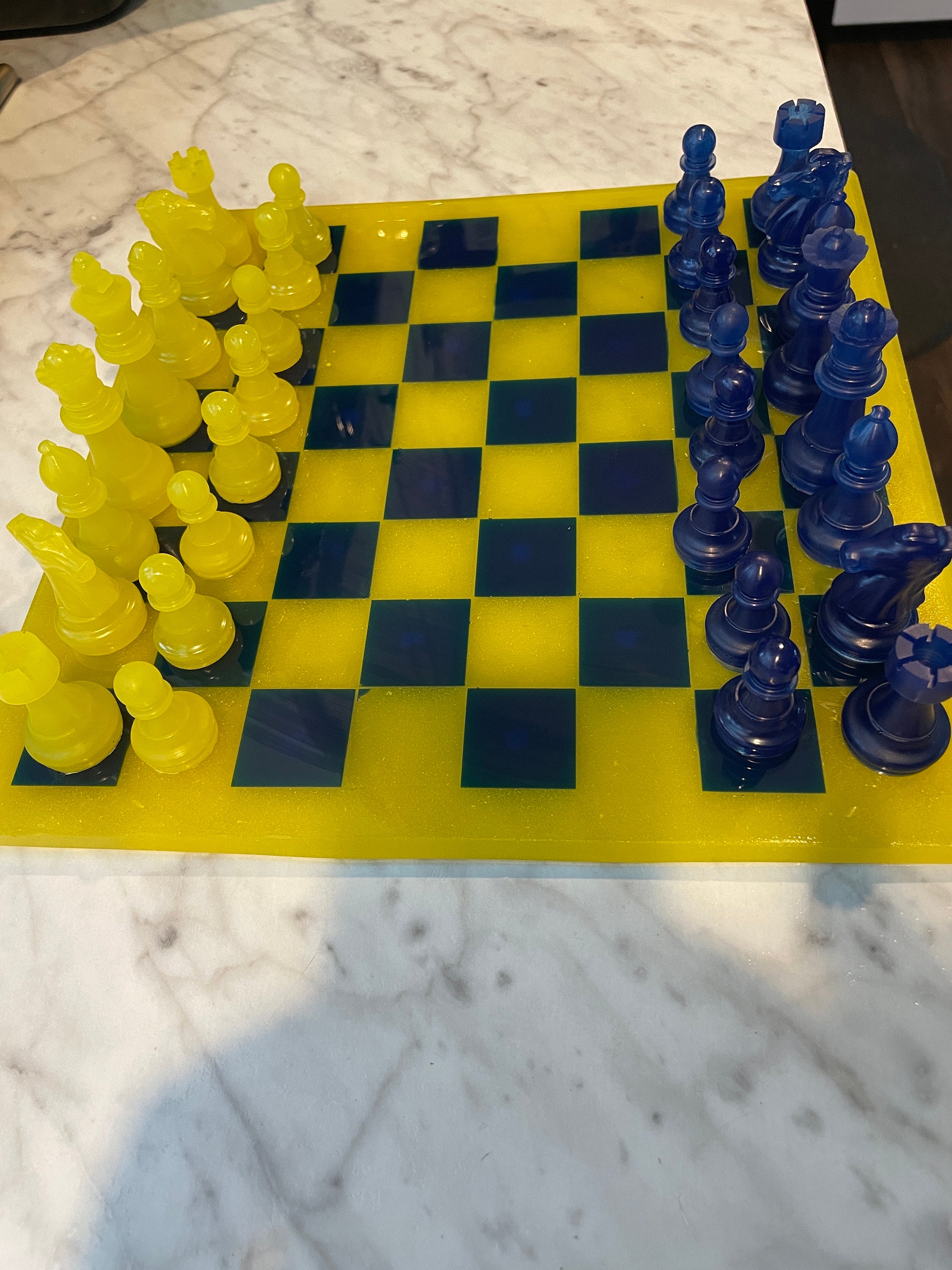 Chess Set | Blue | Yellow | Resin Chess Set | Board Game | Checkers - Etsy