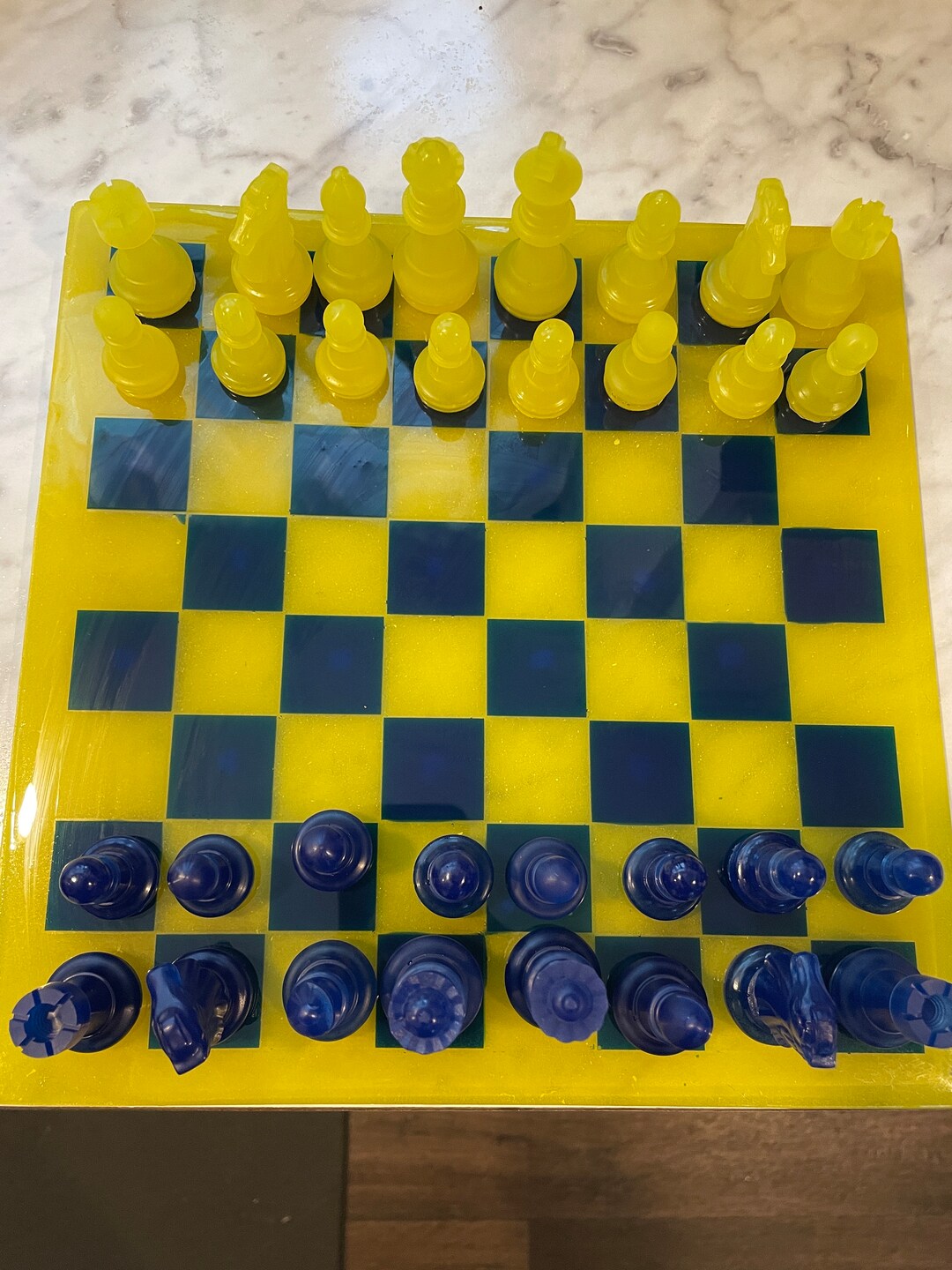 Chess Set | Blue | Yellow | Resin Chess Set | Board Game | Checkers - Etsy