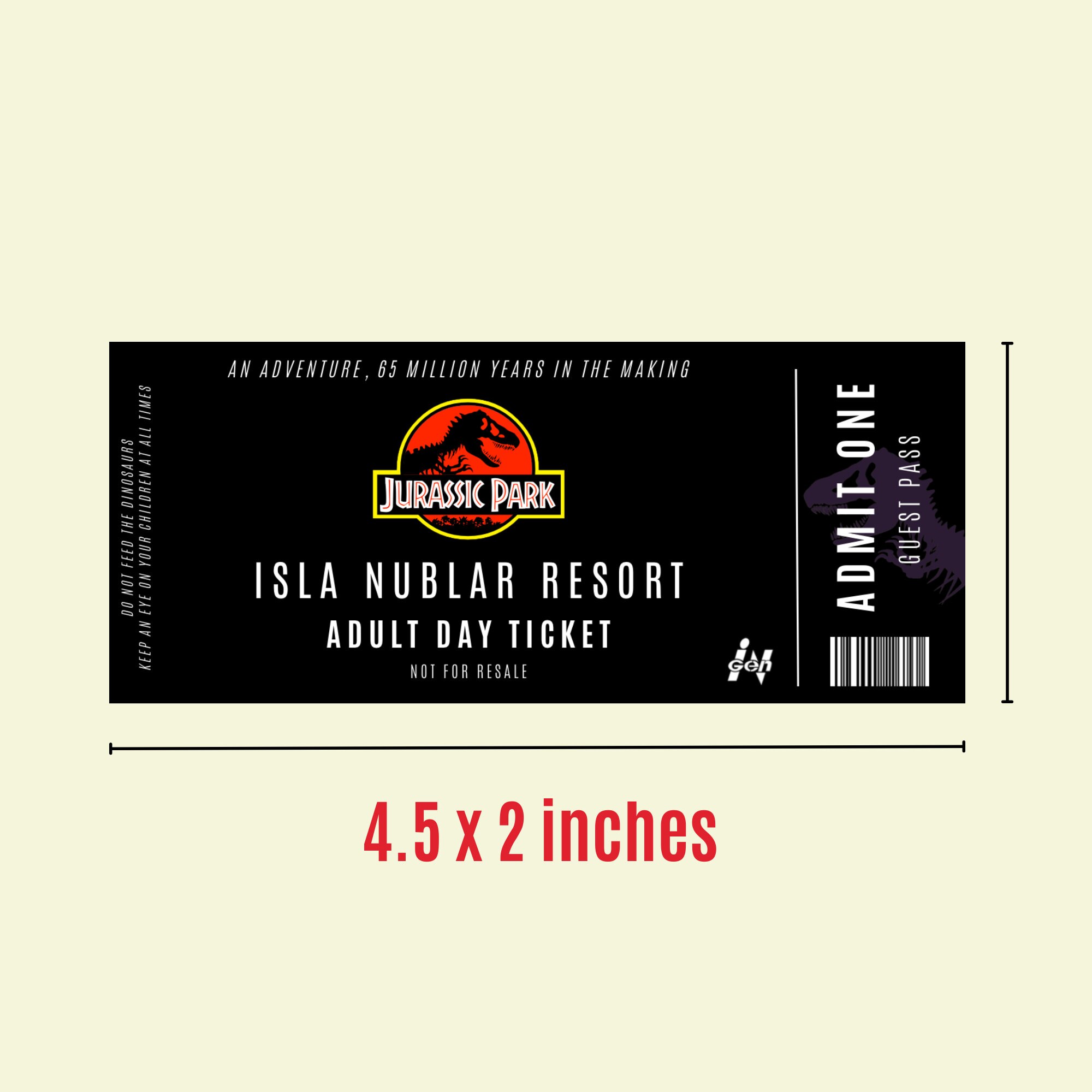 Jurassic Park Movie Prop Ticket, Isla Nublar Souvenir, Collectible Gift ...