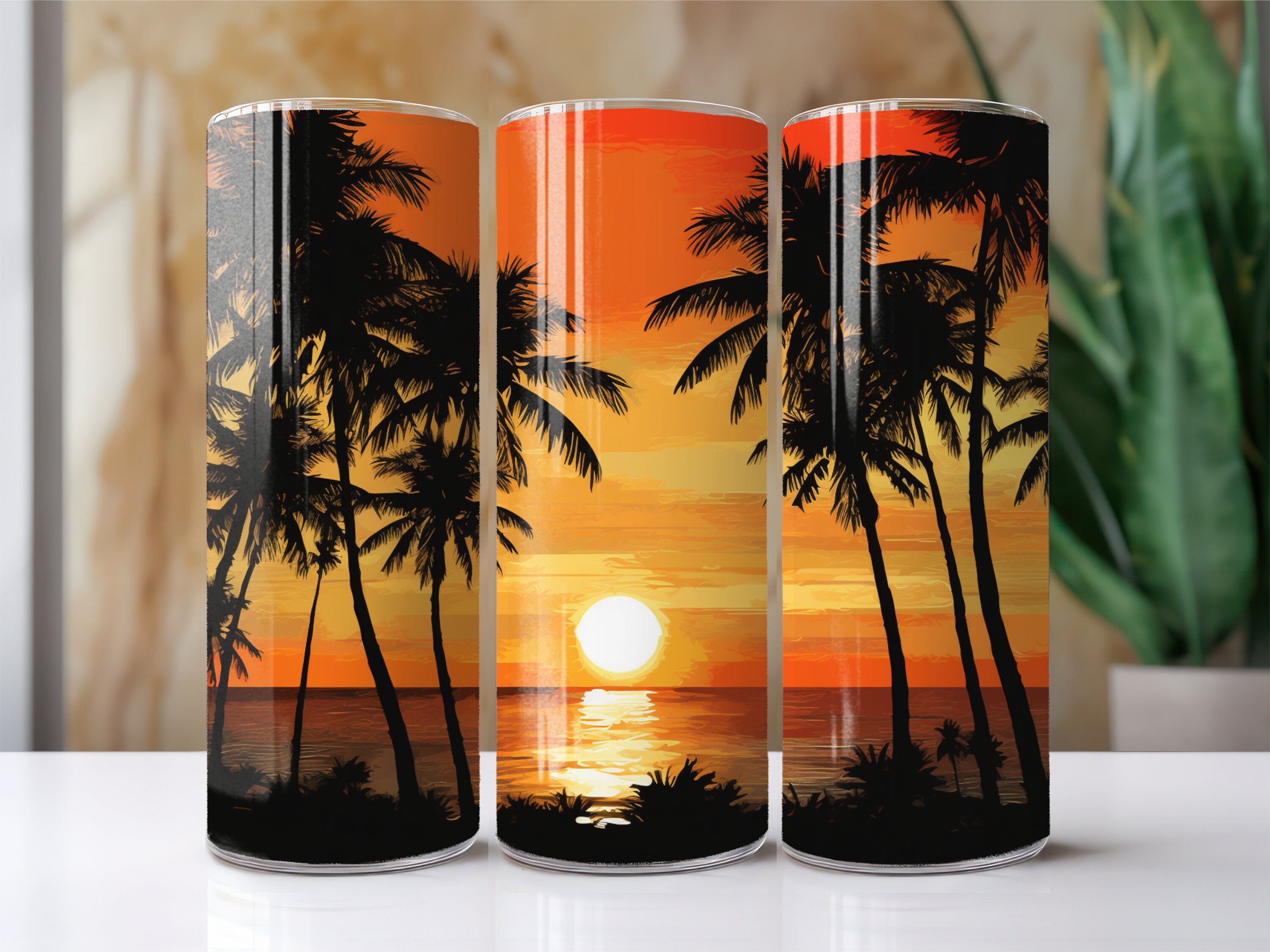 Set of 5 Sunset Tropical Beach Palm Tree Silhouette 20 Oz. Skinny ...